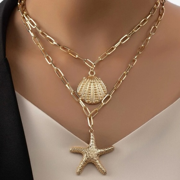 None | Jewelry | Beach Bohemian Gold Overlay Chunky Link Layered Seashell Statement Necklace ...